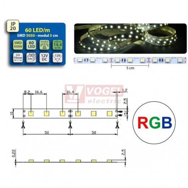 LED pásek SMD5050 RGB, DC12V, IP20, š=10mm, bílá PCB pásek, 60 LED/metr ...