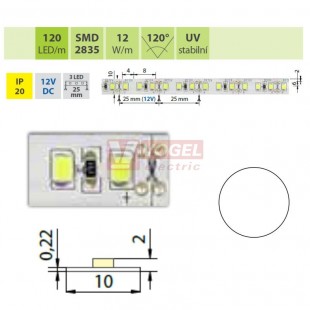 LED pásek SMD2835 studená bílá, DC12V, IP20, š=10mm, bílá PCB pásek ...