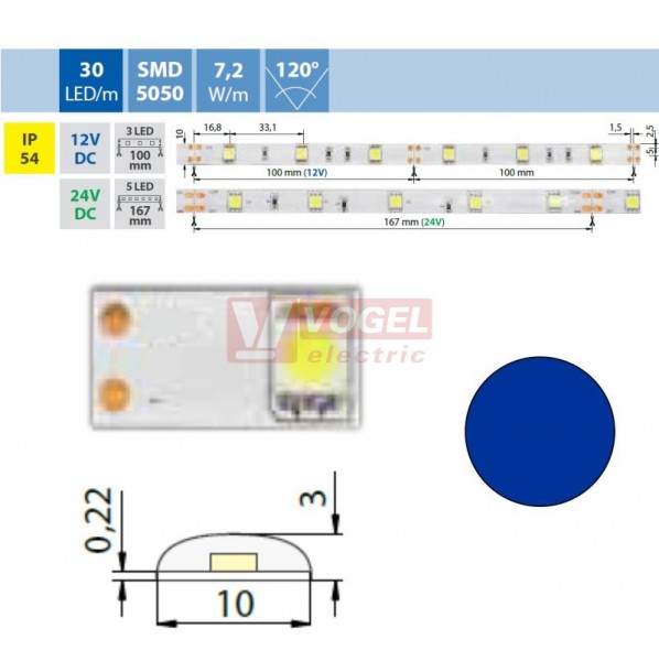 LED pásek SMD5050 modrý , DC24V, IP54, š=10mm, bílá PCB pásek, 30 LED ...